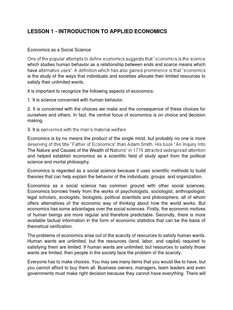 Lesson 1 - Introduction To Applied Economics | PDF | Resource | Economics