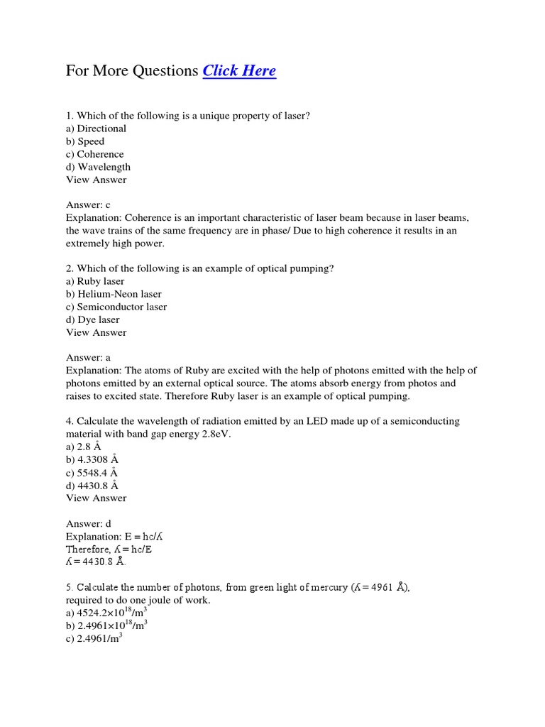 MCQ On Laser PDF | PDF | Laser | Photon