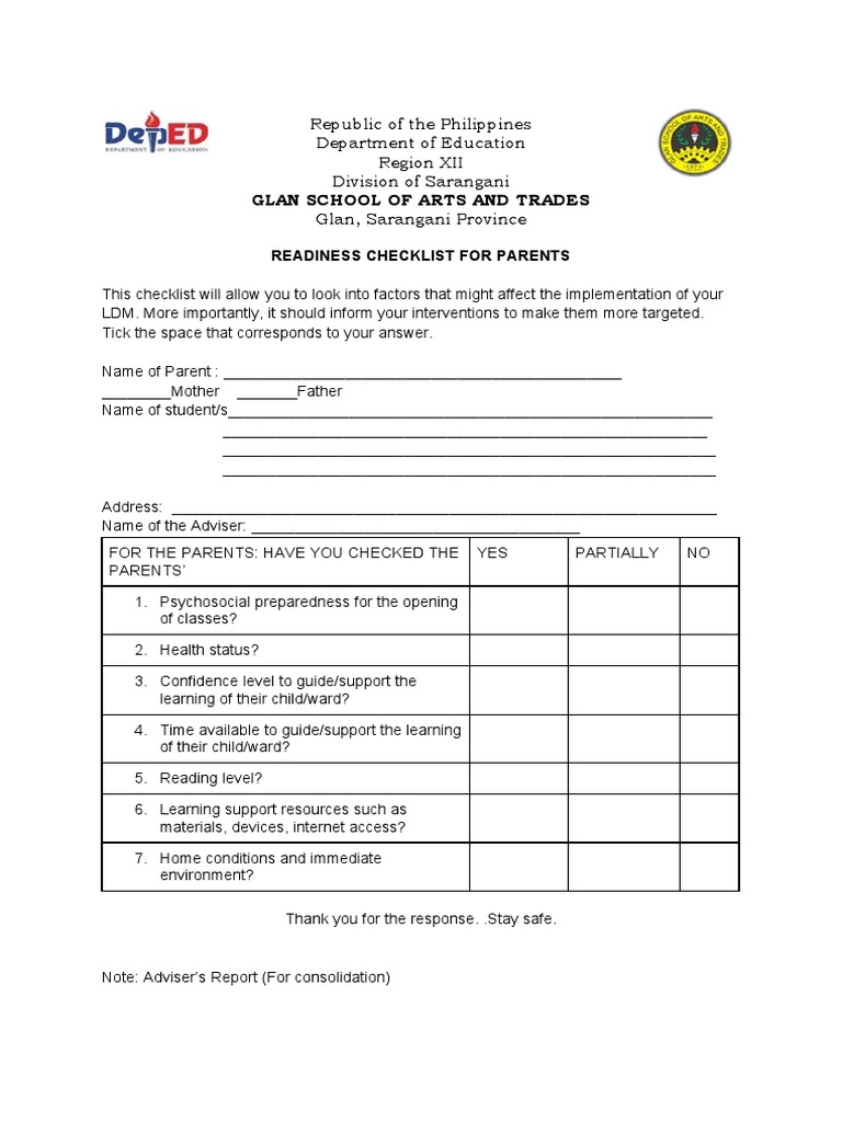 For Adviser Readiness Checklist For Parents | PDF | Wellness