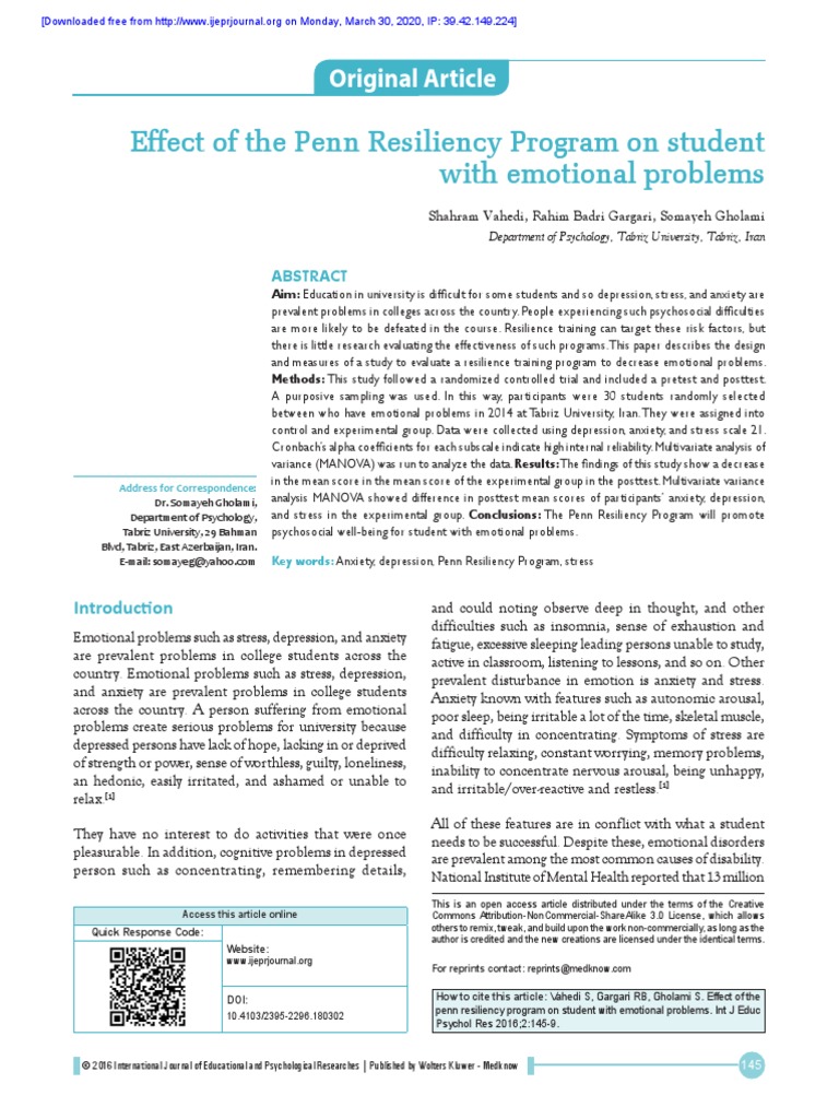 Effects of Penn Resiliency Programme Among Students With Emotional ...