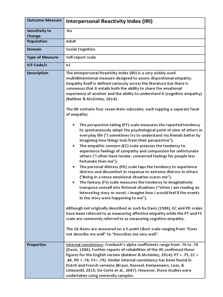 Interpersonal Reactivity Index (IRI) PDF | PDF | Empathy | Emotional Intelligence