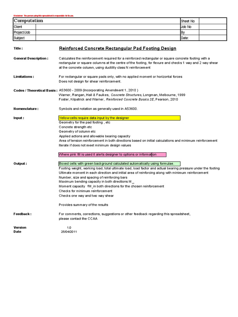 Reinforced Concrete Footing Design Spreadsheet | PDF | Bending ...