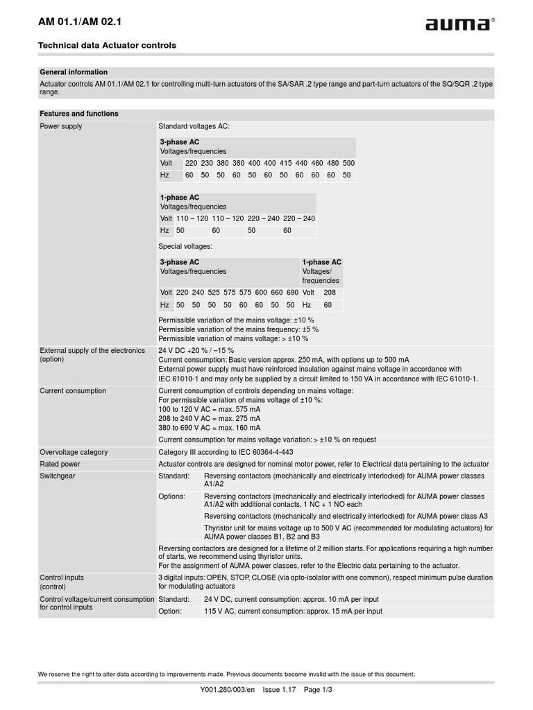 AM 01.1/AM 02.1: Technical Data Actuator Controls | PDF | Electrical ...