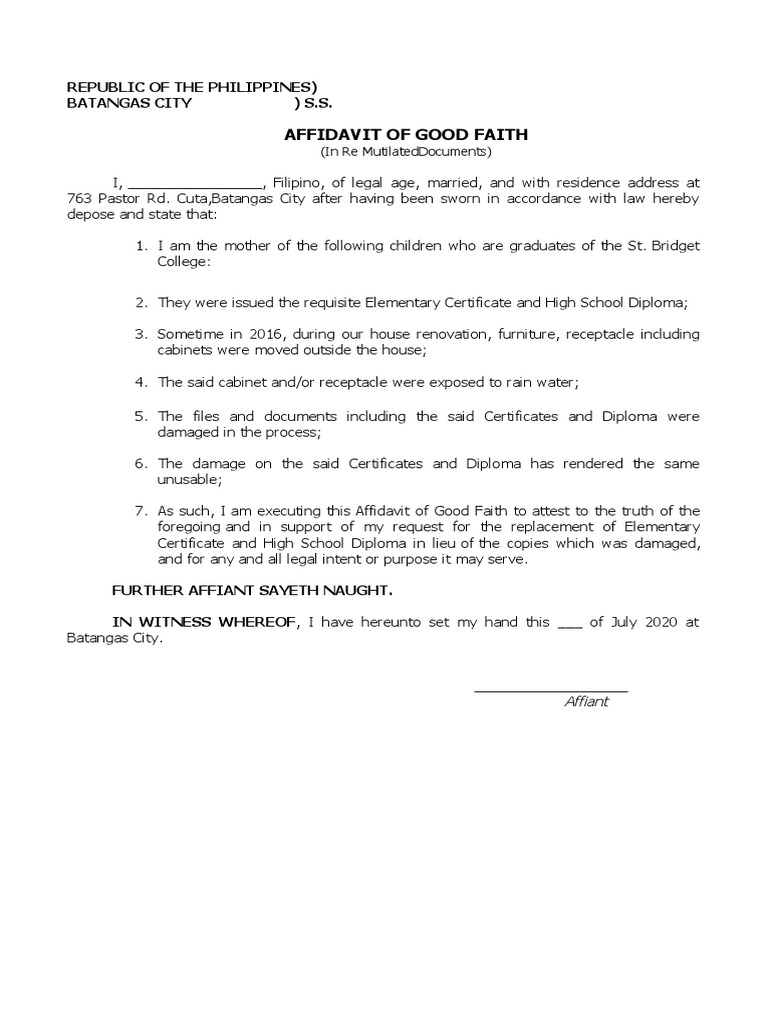 Affidavit for Replacement of Damaged Certificates | PDF