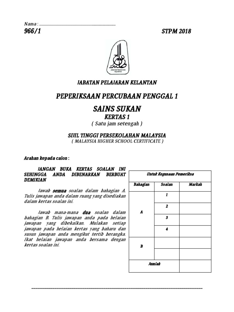 Soalan Percubaan Sains Sukan Stpm Penggal 1 2018 Pdf Pdf