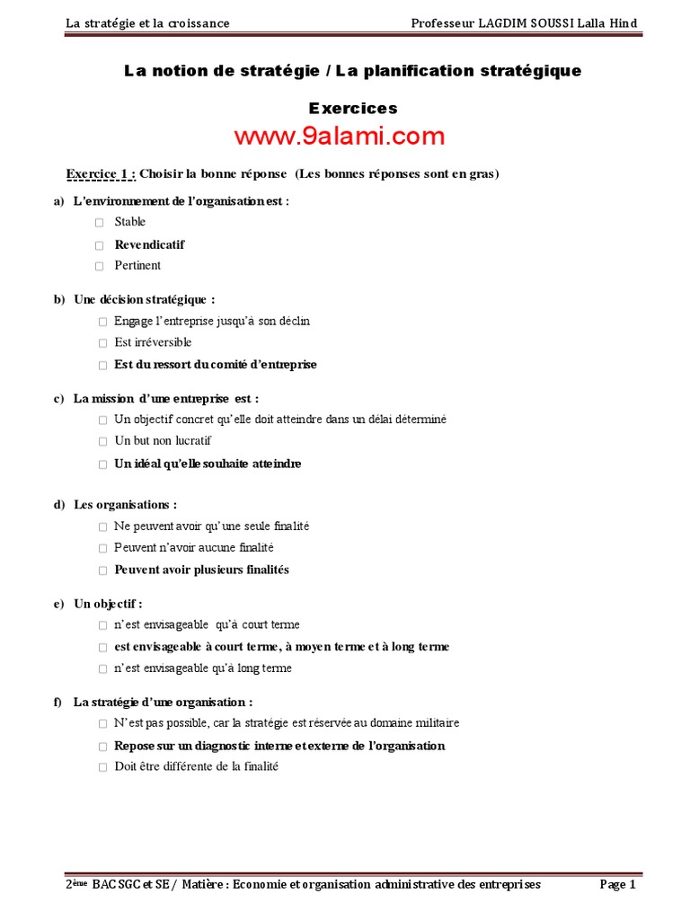 Exercices Partie I Notion de Stratégie Et Planification Corrigé PDF ...
