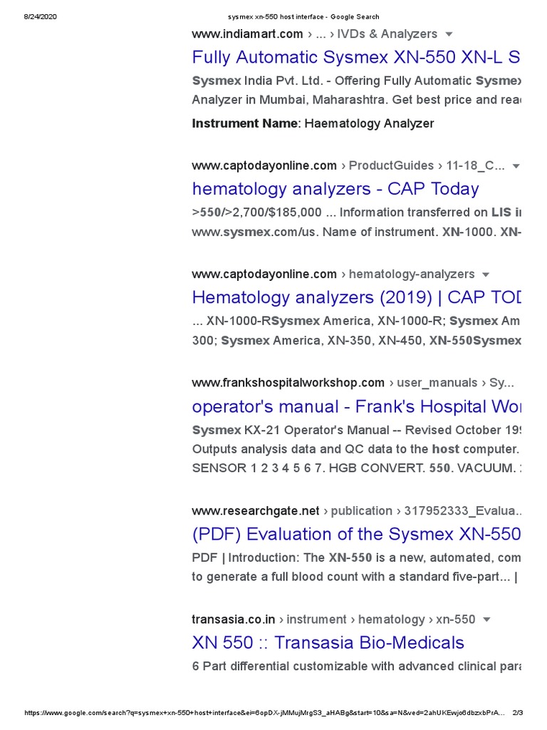 Fully Automatic Sysmex XN-550 XN-L S: Instrument Name: Haematology ...