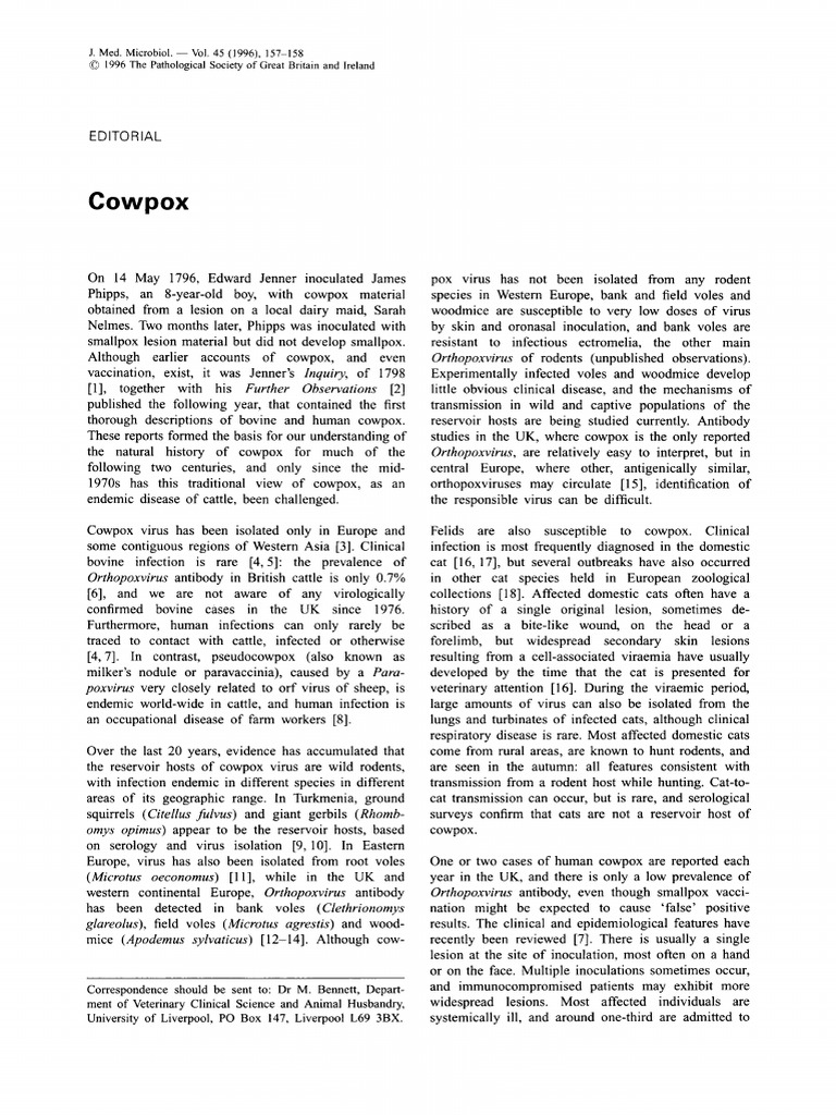Cowpox Jenner 1996 | PDF | Microorganism | Virology
