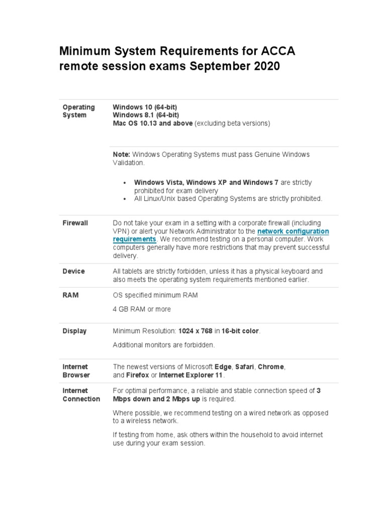 Minimum System Requirements For ACCA Remote Session Exams September ...