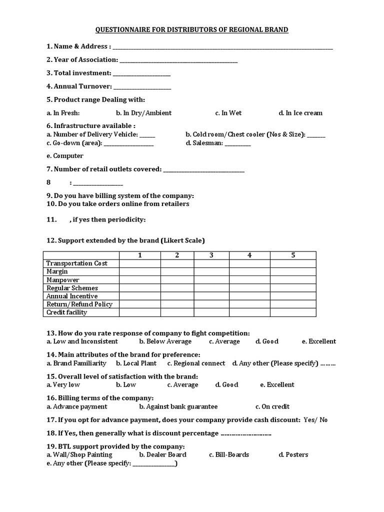 Questionnaire For Distributors | PDF | Retail | Services (Economics)
