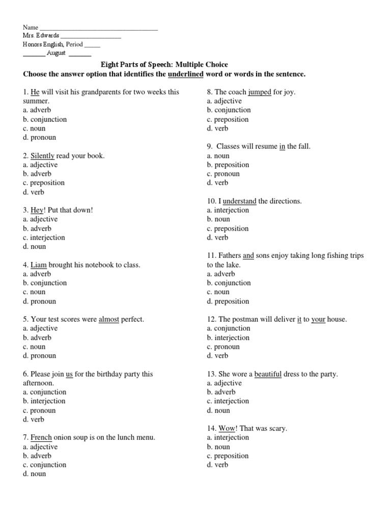 Parts of Speech Homework - Honors | PDF | Verb | Adverb