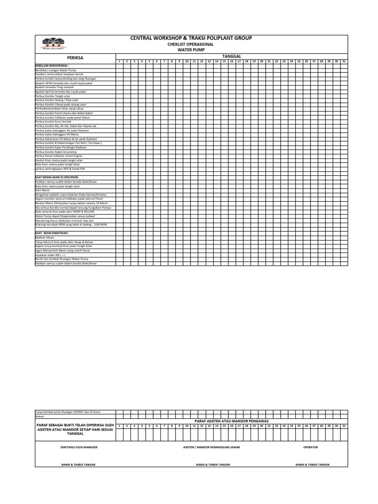Checklist Harian Operasional WATER PUMP | PDF