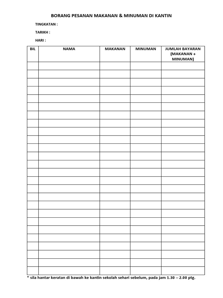 Borang Pesanan Makanan | PDF