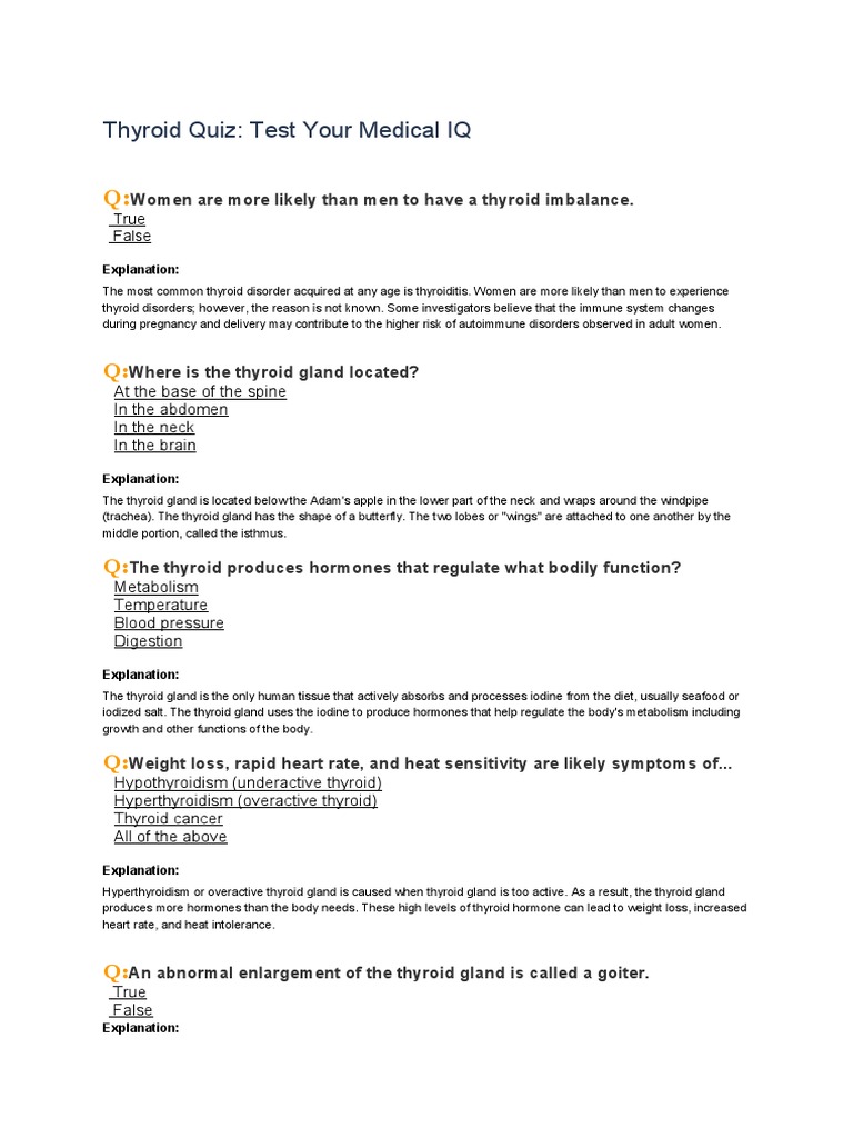 Thyroid Quiz Pdf Hyperthyroidism Thyroid Disease