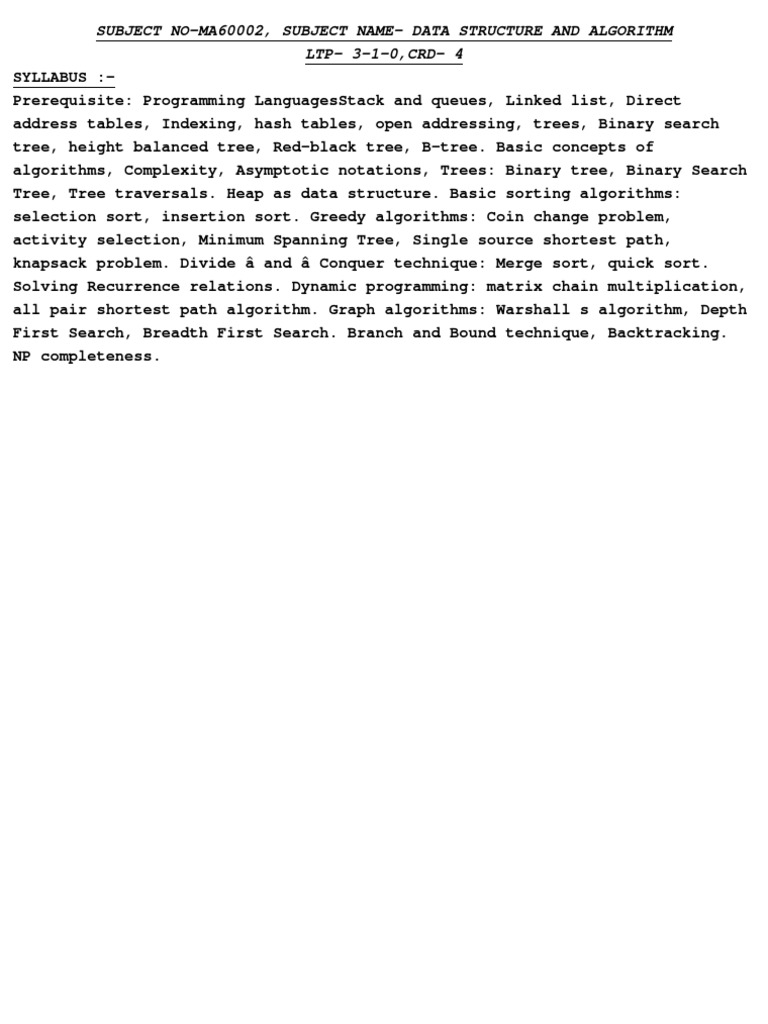 Data Structures & Algorithms Syllabus | PDF | Teaching Methods & Materials