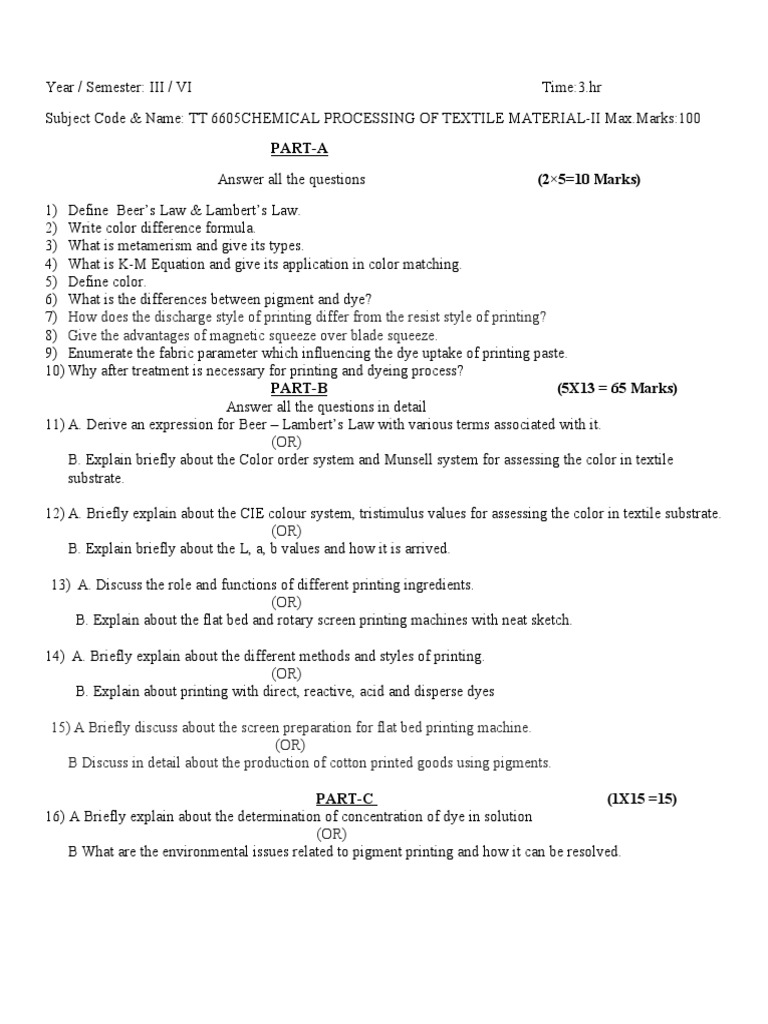 Textile Chemical Processing Exam | PDF | Teaching Methods & Materials ...