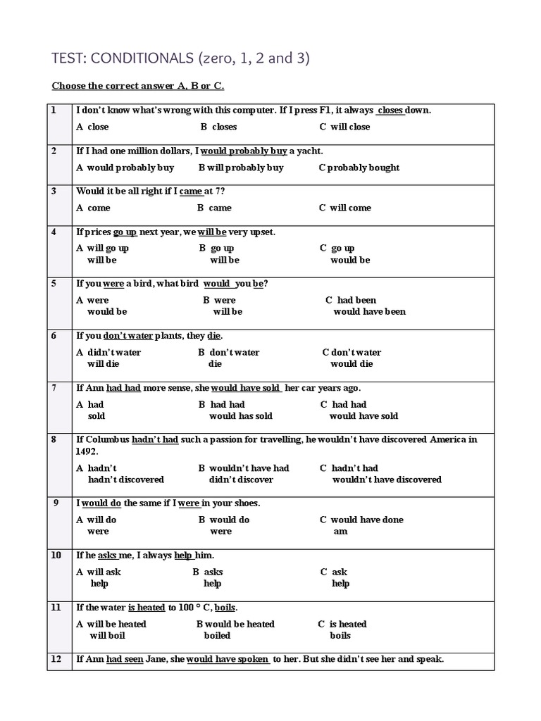 TEST: CONDITIONALS (Zero, 1, 2 and 3) : Choose The Correct Answer A, B ...