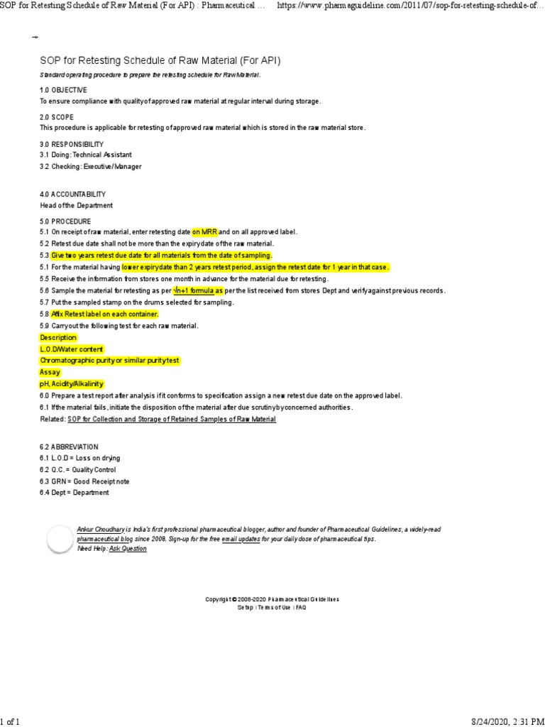 SOP For Retesting Schedule of Raw Material (For API) Pharmaceutical ...