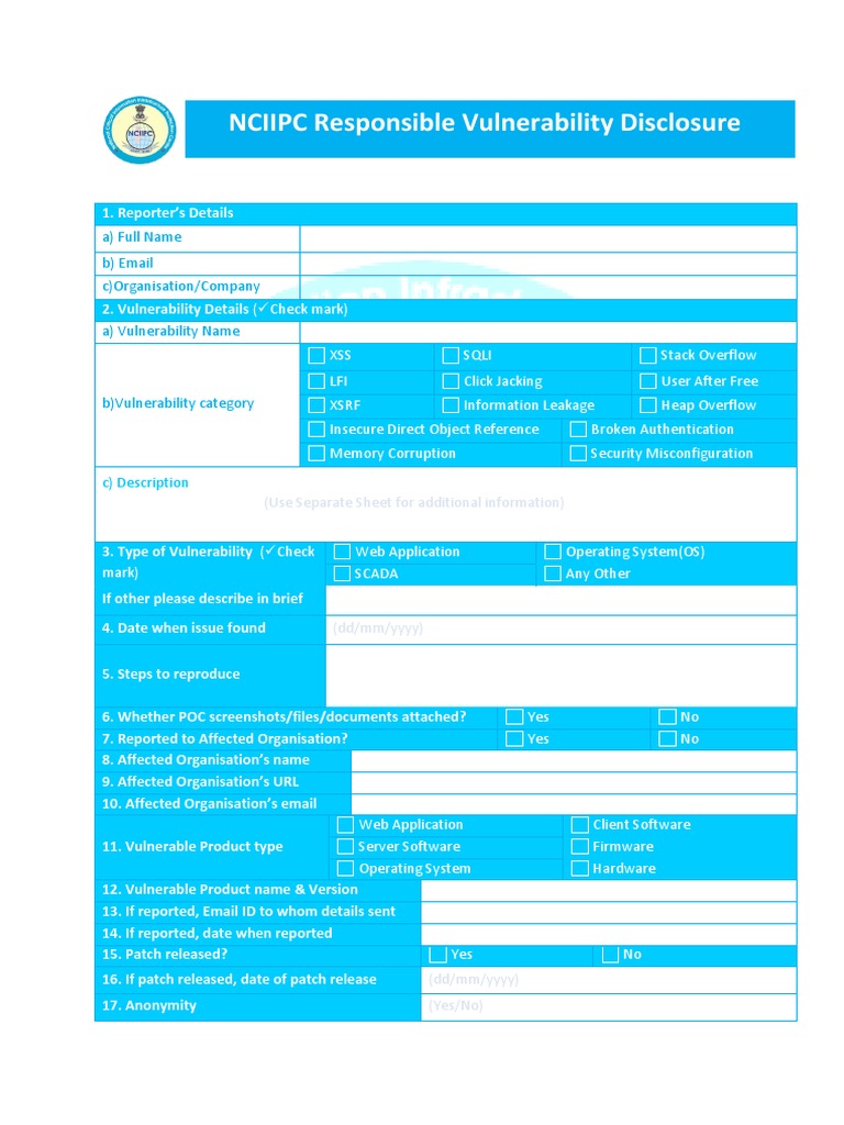 NCIIPC Responsible Vulnerability Disclosure: A) Full Name B) Email C ...