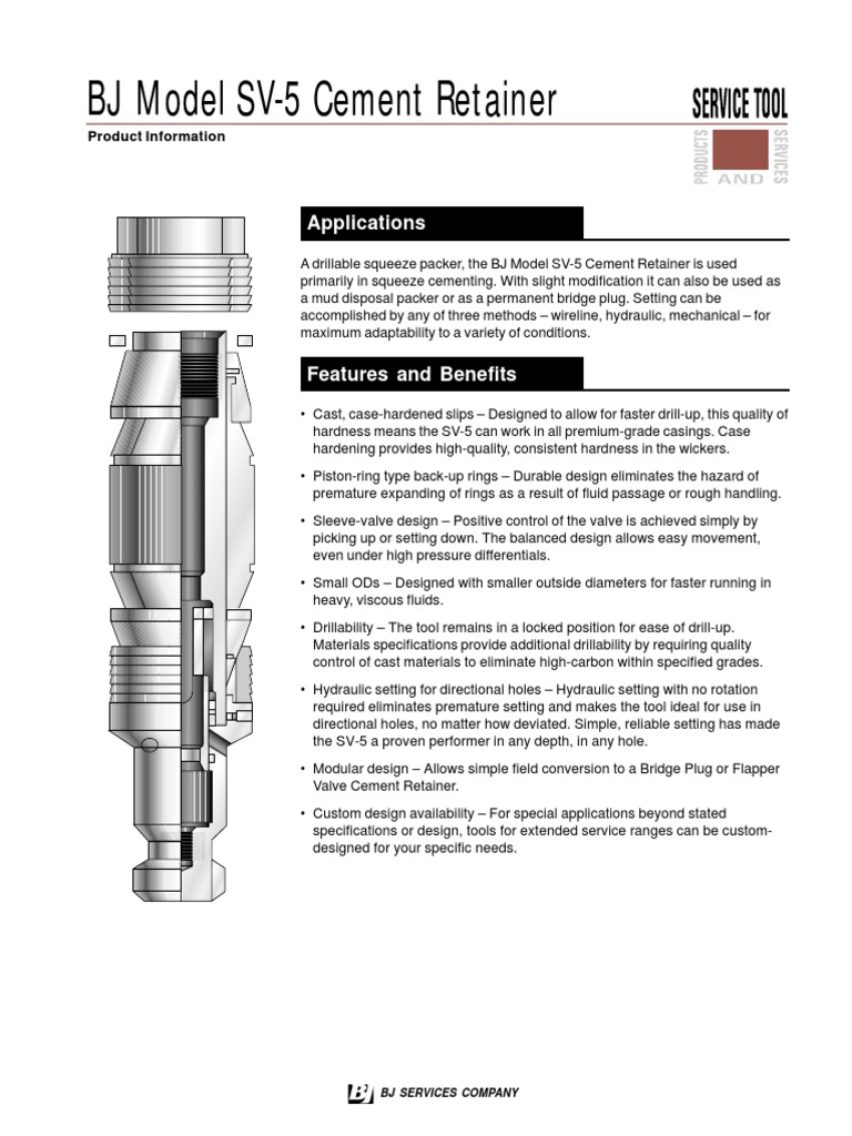 BJ Model SV-5 Cement Retainer PDF | PDF | Valve | Mechanical Engineering