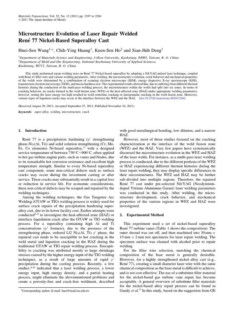 Microstructure Evolution of Laser Repair Welded RENE 77 Nickel Based ...