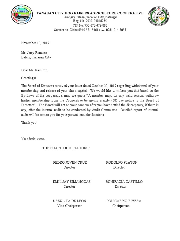 LETTER Sample | PDF | Corporations | Board Of Directors