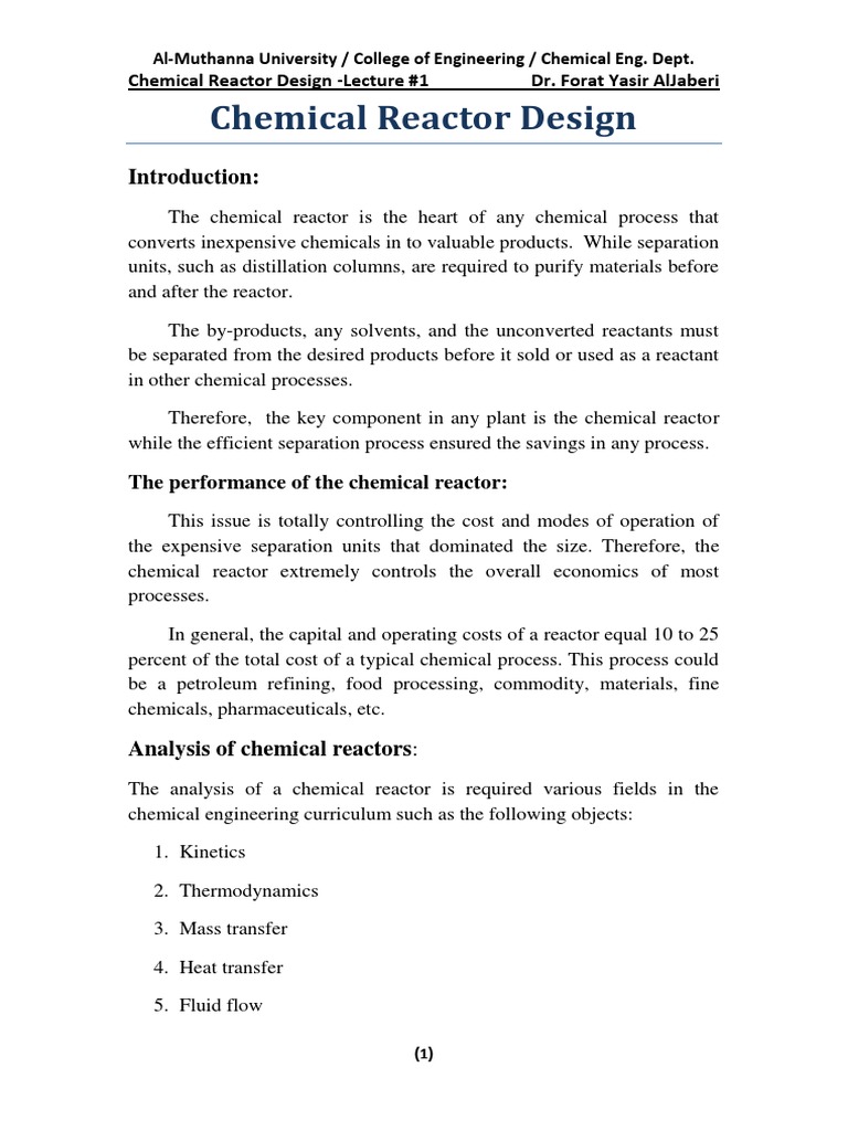 Chemical Reactor Design - Lecture #1 | PDF | Technology & Engineering