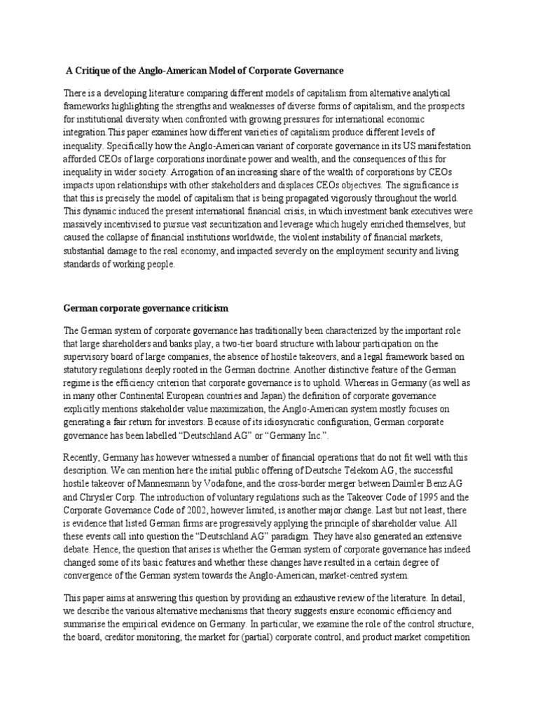 A Critique of The Anglo-American Model of Corporate Governance | PDF ...