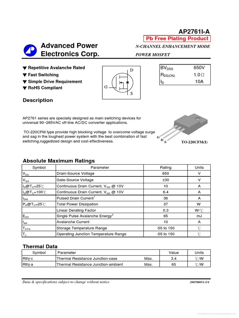 Hoja de Datos de Transistor AP2761 | PDF | Field Effect Transistor ...