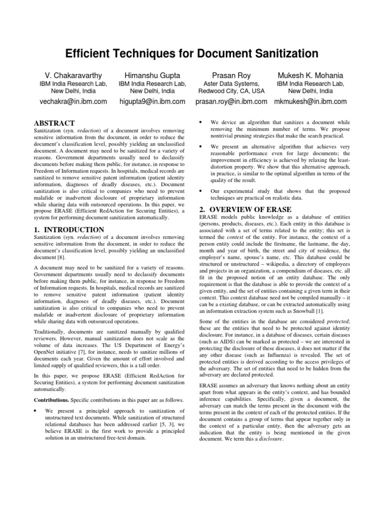 Efficient Techniques For Document Sanitization: V. Chakaravarthy ...