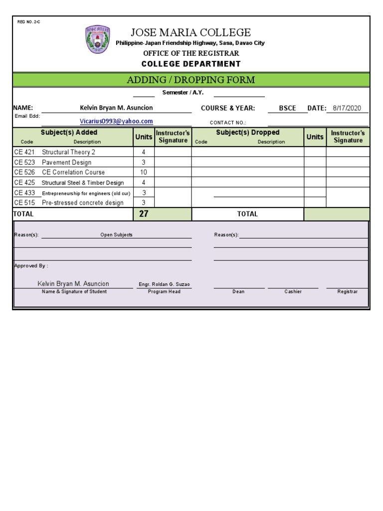 ADDING DROPPING FORM For College ASUNCION | PDF