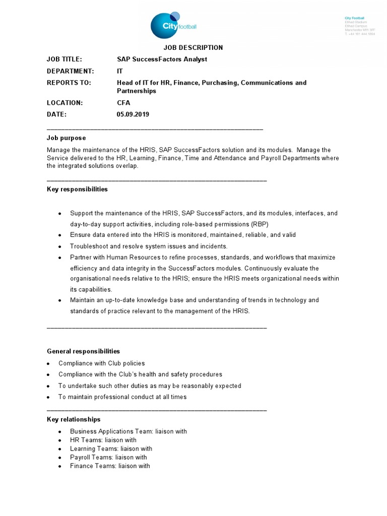 Job Description - SAP SuccessFactors Analyst | PDF | Cognition | Business