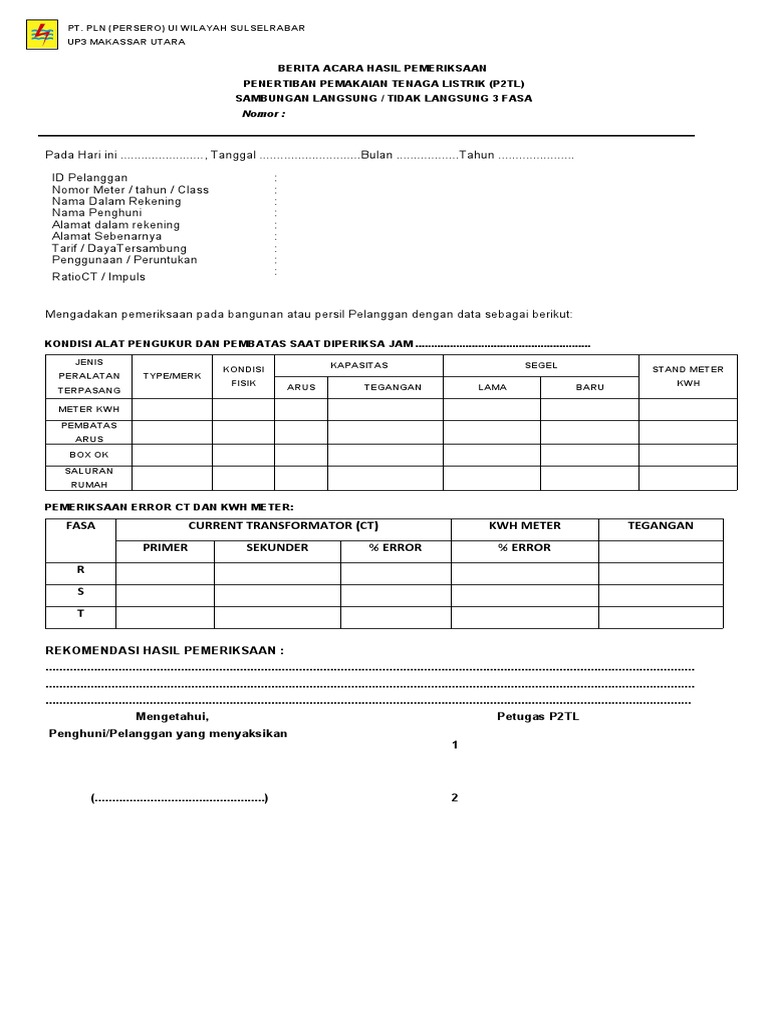 Format Ba P2TL Up3 Makassar Selatan | PDF