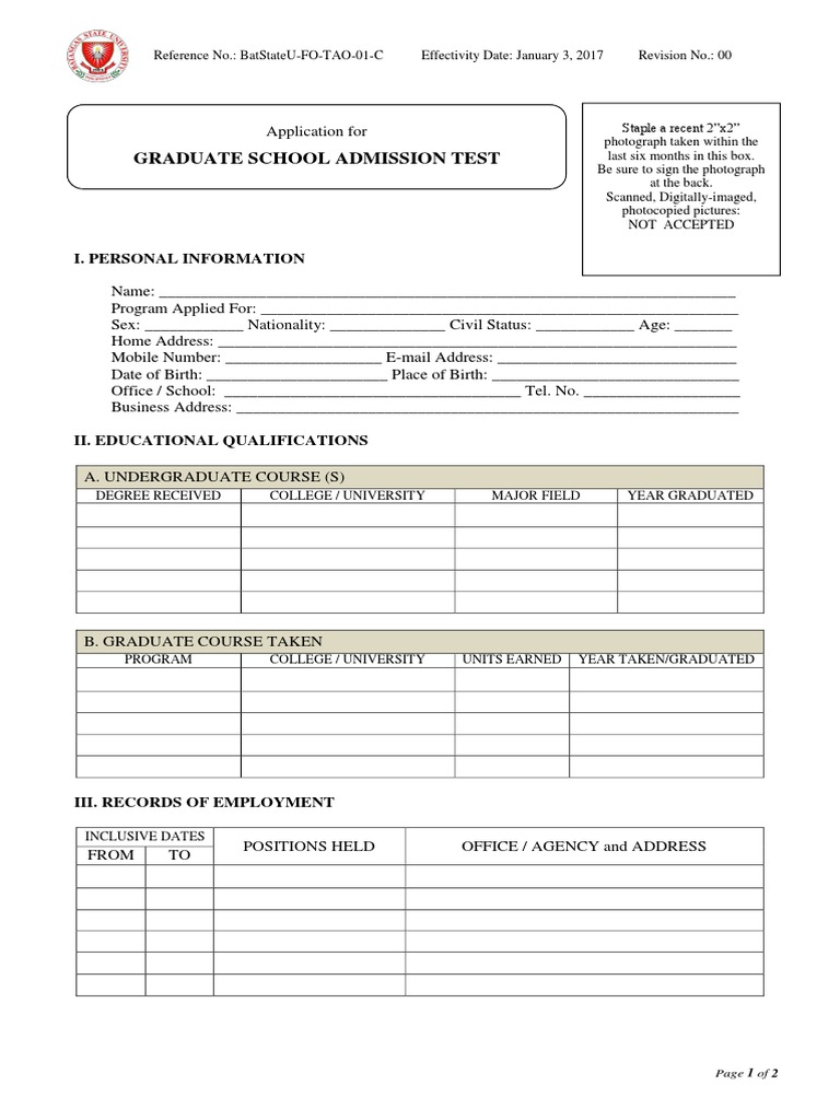 Graduate School Admission Test: I. Personal Information | PDF ...