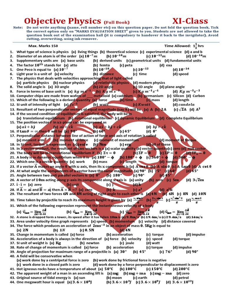 Objective Physics XI-Class: Max. Marks 150 Time Allowed: 1 | PDF ...