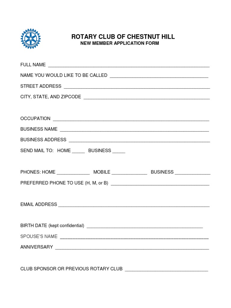Rotary Club of Chestnut Hill: New Member Application Form | PDF