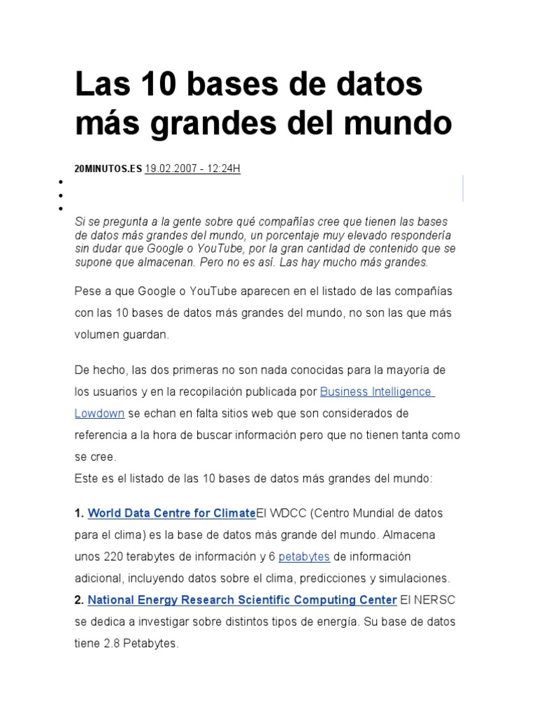 Las 10 Bases de Datos Más Grandes Del Mundo | PDF | Tecnologías de la ...