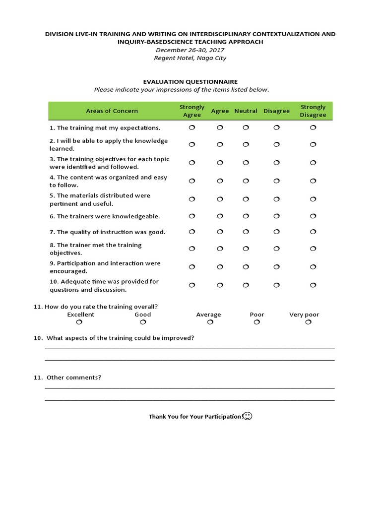 Training Evaluation Questionnaire Form | PDF | Education Theory | Cognition