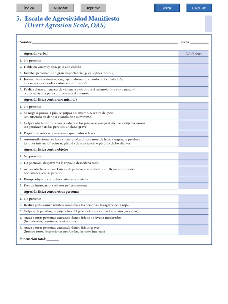 (Overt Agression Scale, OAS) : 5. Escala de Agresividad Manifiesta | PDF