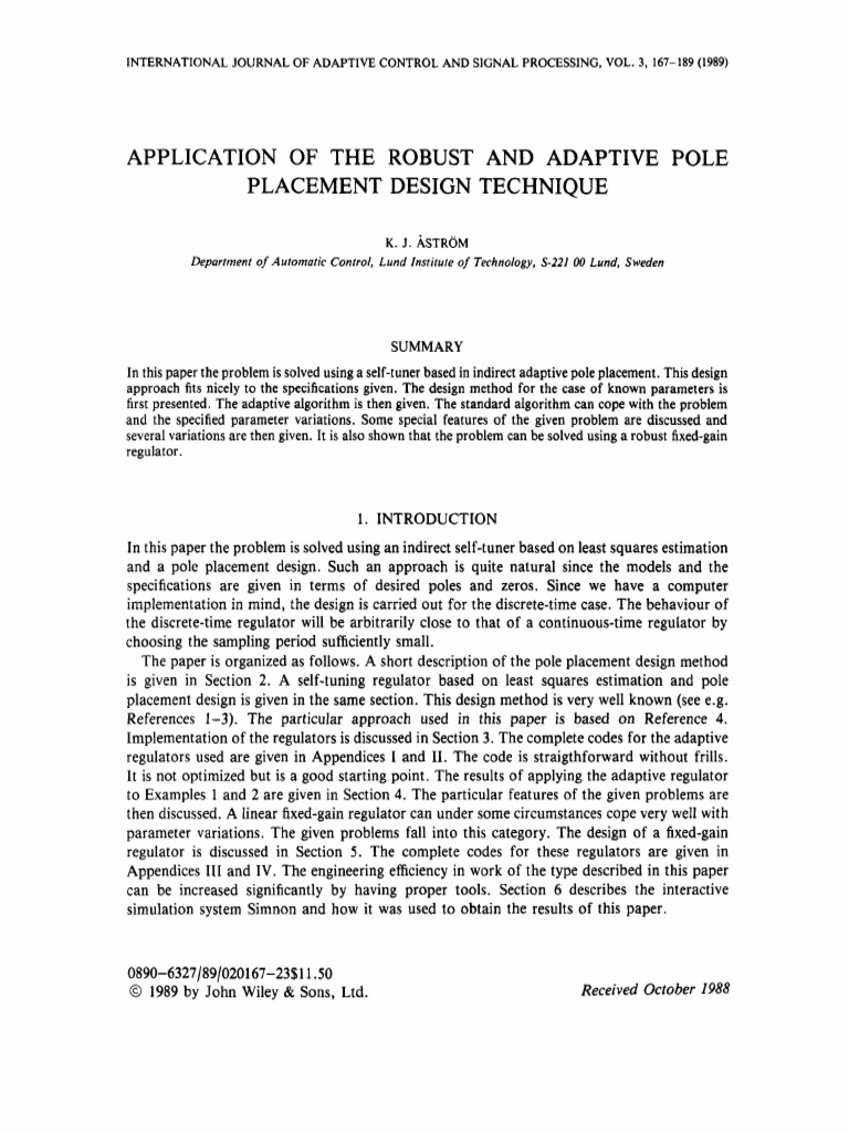 Astrom1989 - APPLICATION OF THE ROBUST AND ADAPTIVE POLE PLACEMENT ...