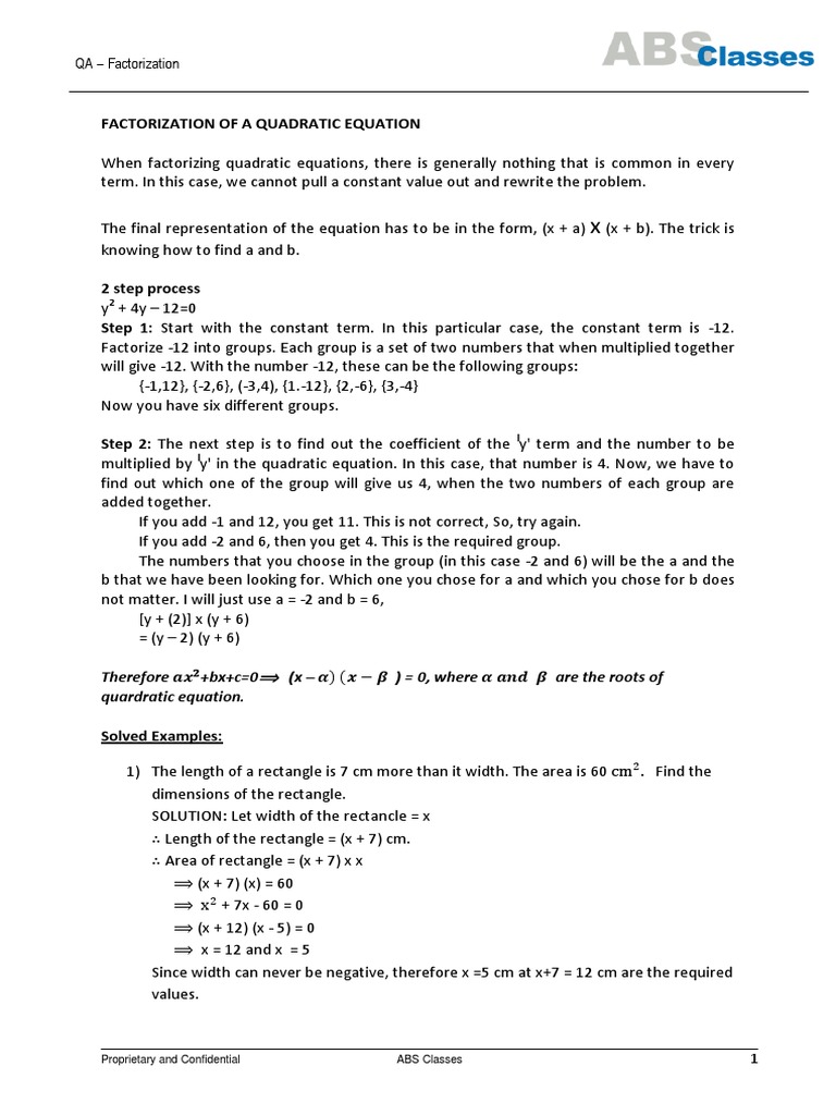 Factorizing Quadratics: A Two-Step Process for Finding the Roots of Quadratic Equations | PDF ...