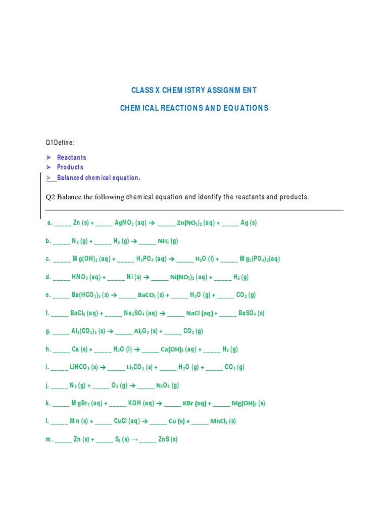 CBSE Class 10 Chemistry Worksheet - Chemical Reactions and Equations ...