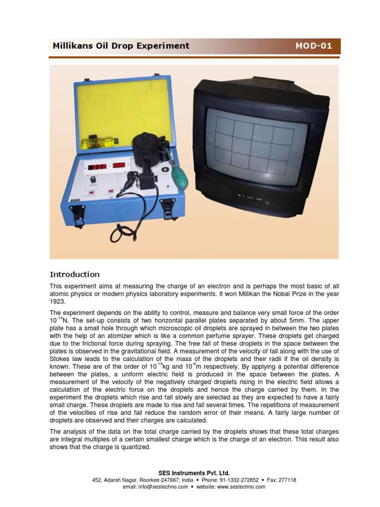 Millikans Oil Drop Experiment: SES Instruments Pvt. LTD | Download Free PDF | Quantity | Applied ...