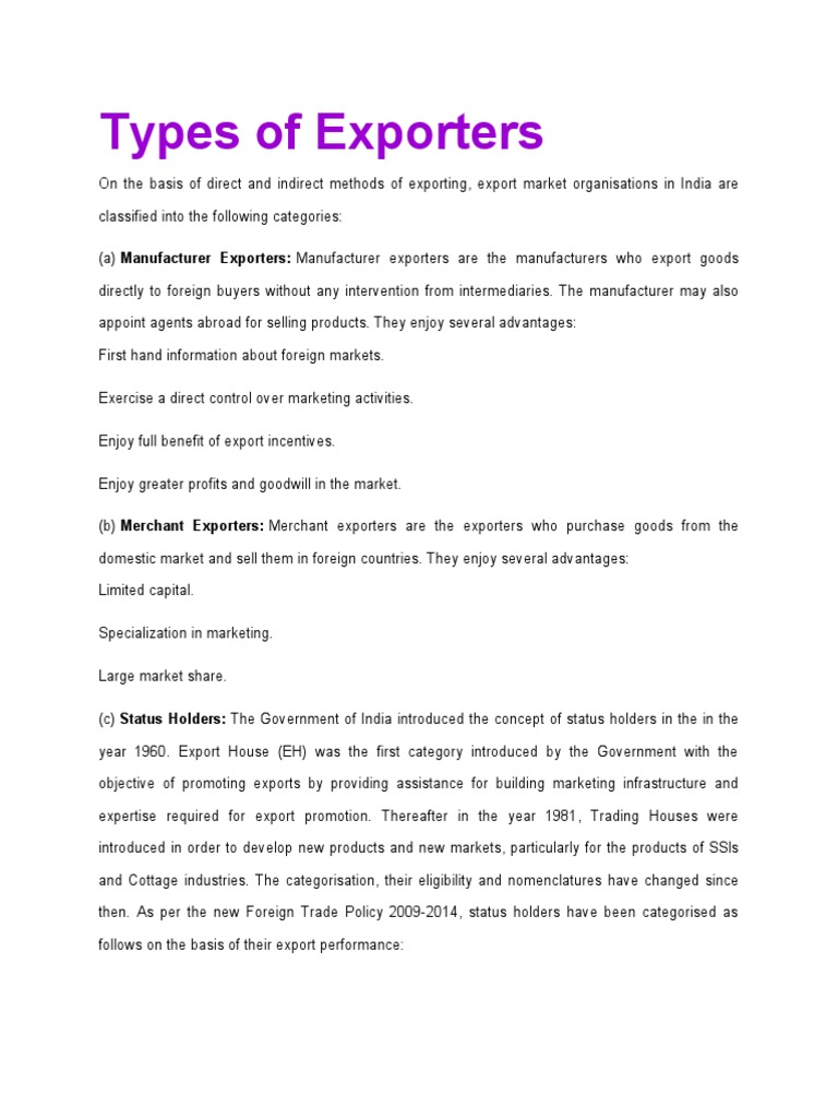 Types Of Exporters Pdf Exports Market Economics