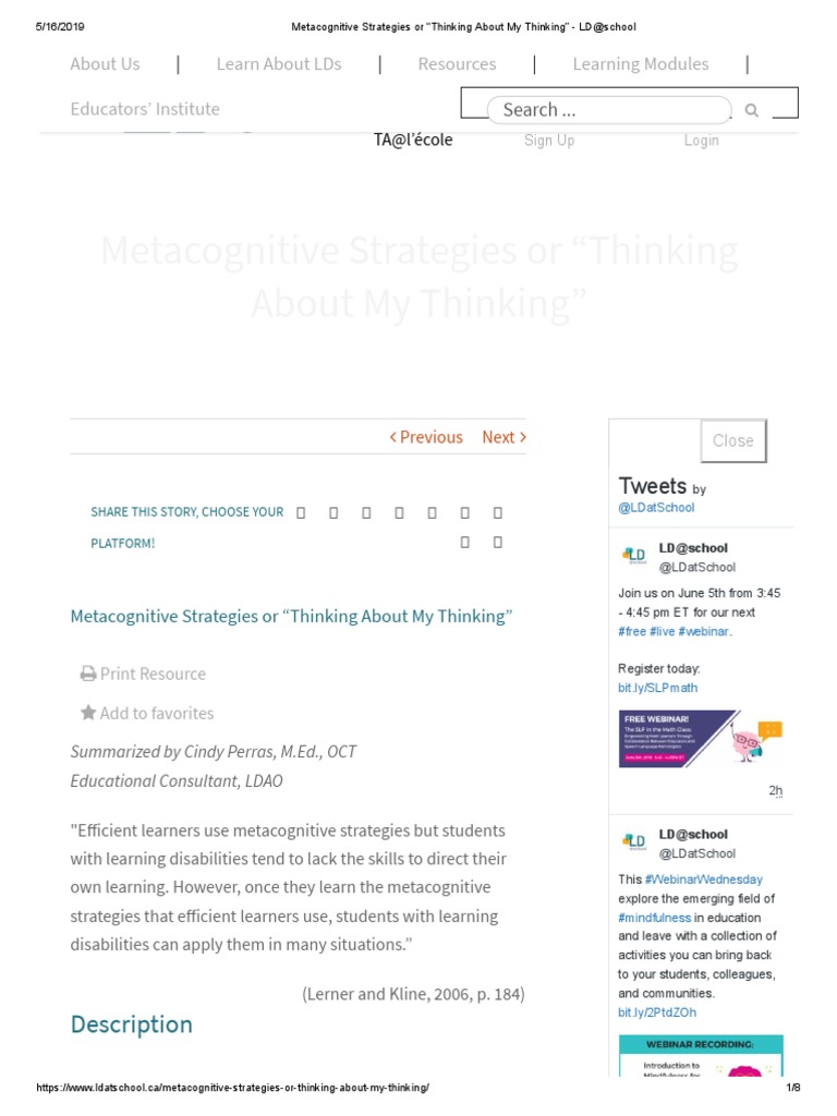 Metacognitive Strategies or "Thinking About My Thinking" - LD@school ...
