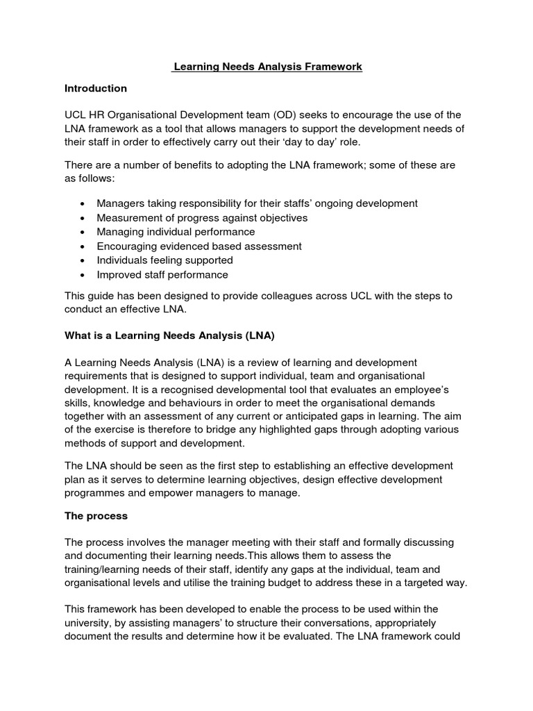 Learning Needs Analysis Framework - UCL | PDF | Organization Development | Learning