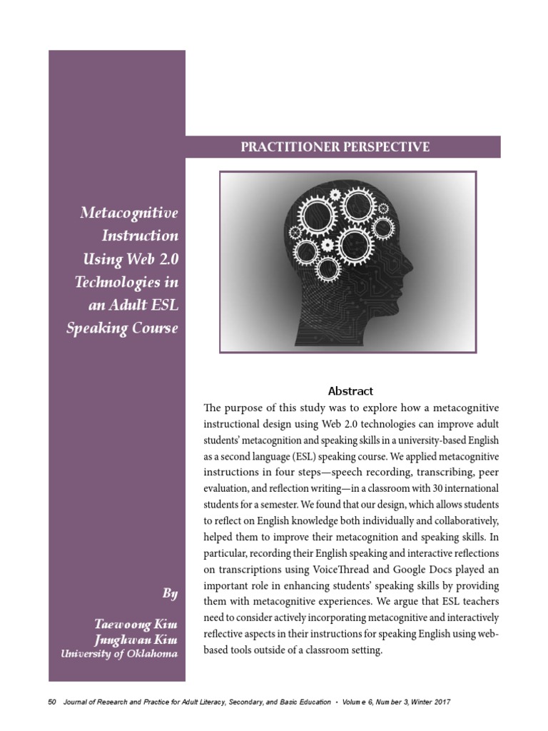 Metacognitive Instruction Using Web 2 0 Technologies In An Adult Esl Speaking Course Pdf Pdf