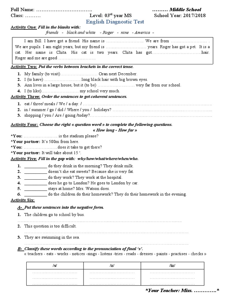 3MS - Diagnostic Test - by Teacher Dounia Bouakadia 2017-2018 | PDF ...