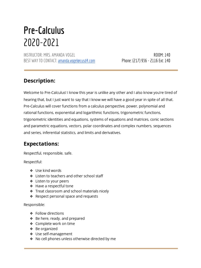 Pre-Calc Syllabus | PDF | Precalculus | Equations