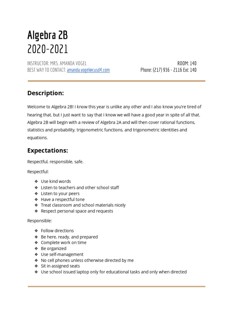Algebra 2b Syllabus | PDF | Classroom | Plagiarism